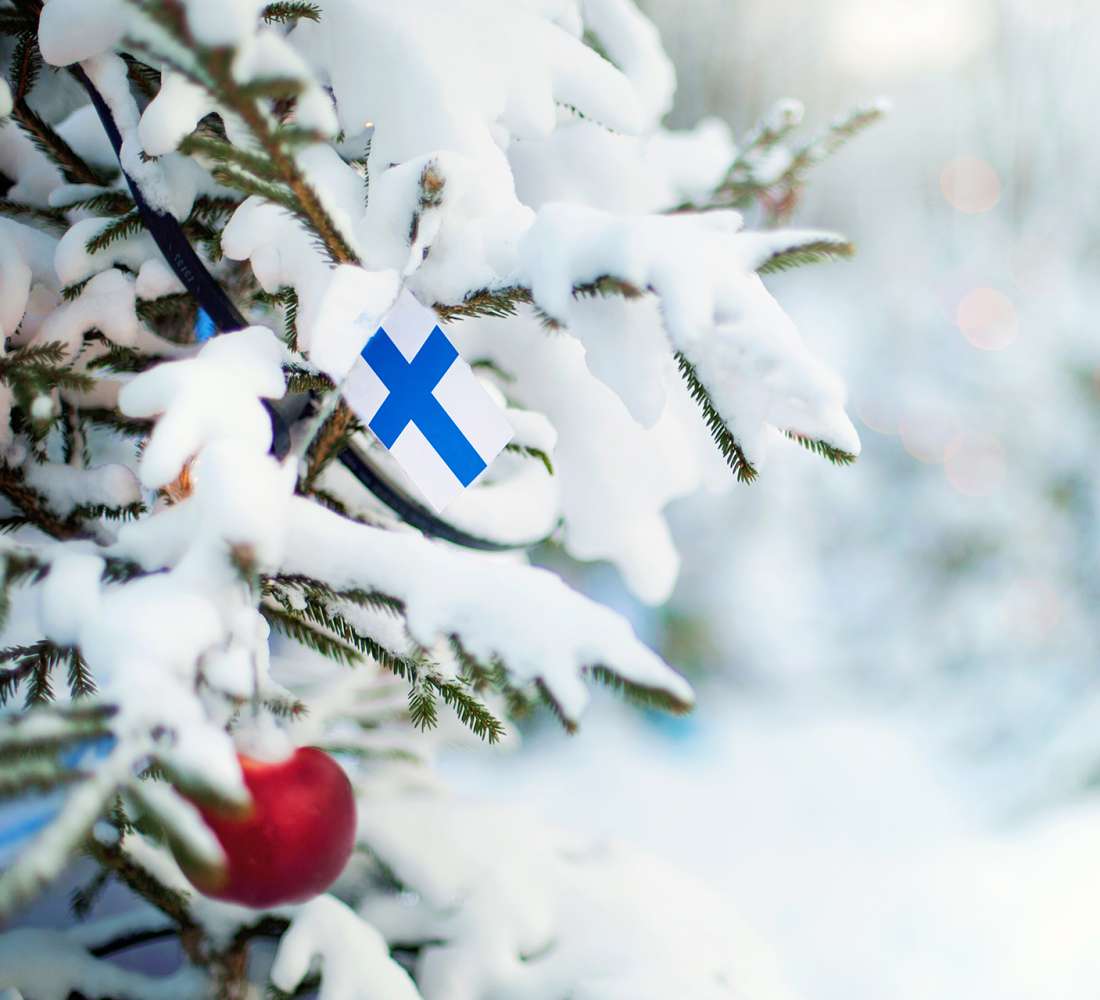 Suomen lippu lumisessa puussa lippunauhassa, kuva Ruka-Kuusamo Matkailu ...